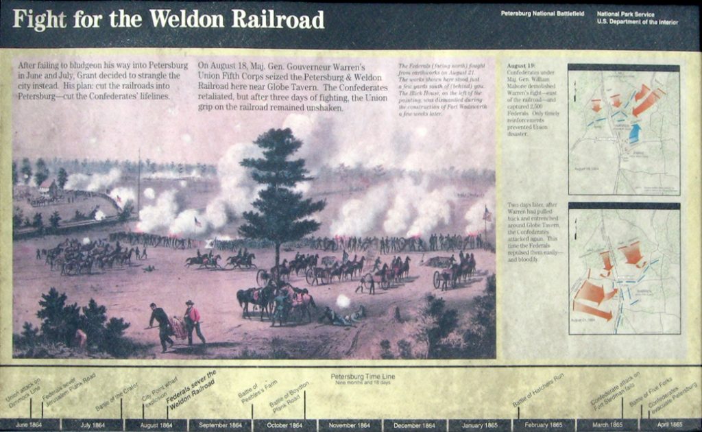 Fight for the Weldon Railroad wayside marker at Petersburg
